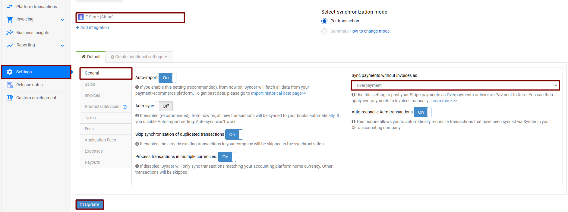 Syncing Stripe Payments as Deposits/Overpayments in Synder
